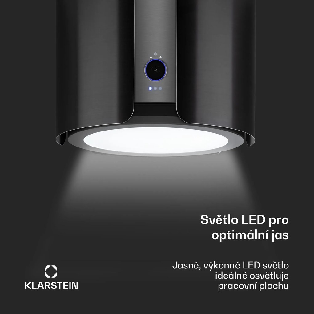 Klarstein Skyfall, digestoř, 45 cm, ostrůvková, 413 m³/h, LED, nerezová ocel, černá