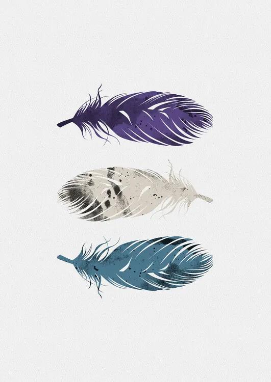 Ilustrace Blue Purple White Feathers, Orara Studio, (30 x 40 cm)