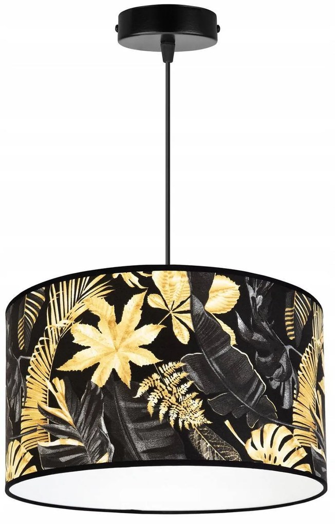Závěsné svítidlo Gold Flowers, 1x černé textilní stínítko s květinovým vzorem, (fi 35cm)