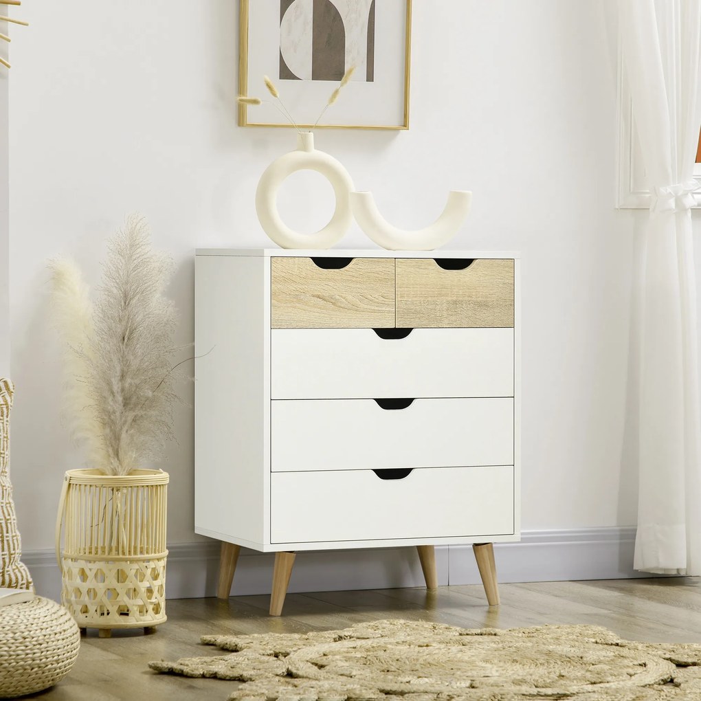 HOMCOM Komoda s 5 zásuvkami a zvýšenými nohami pro ložnici, obývací pokoj i kancelář, moderní styl, proti převrhnutí, 60x40x77,5 cm, přírodní a bílá