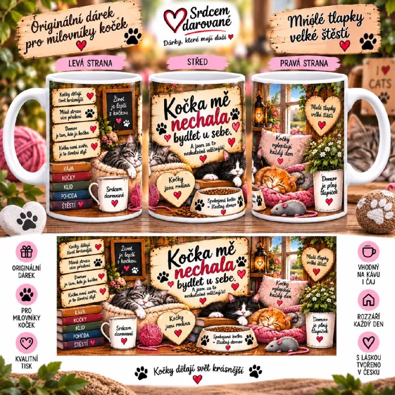 Vtipný hrnek pro milovníky koček – Kočka mě nechala bydlet u sebe – 300 ml