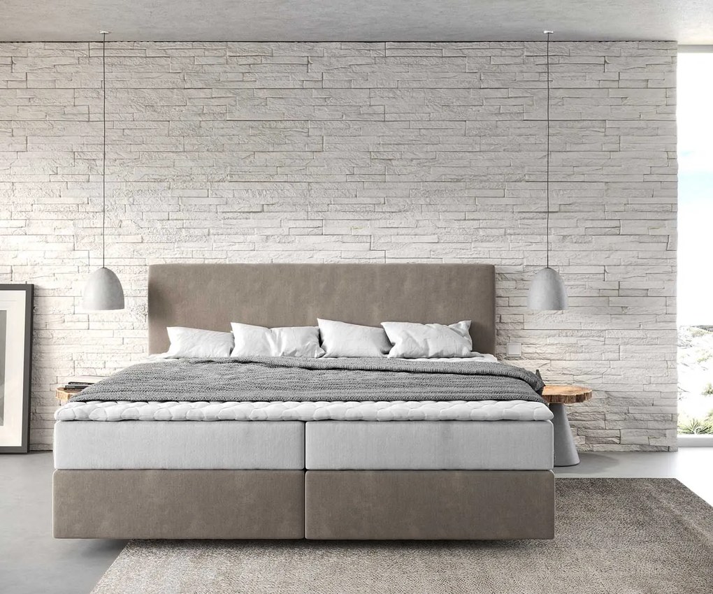DELIFE Boxspring postel Dream-Well mikrovlákno béžová 200x200 cm s taštičkovou pružinovou matrací a visco topperem