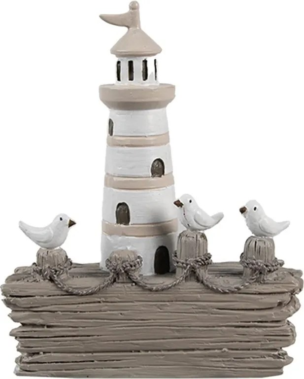 Šedo-bílá dekorace maják s racky - 10*4*12 cm