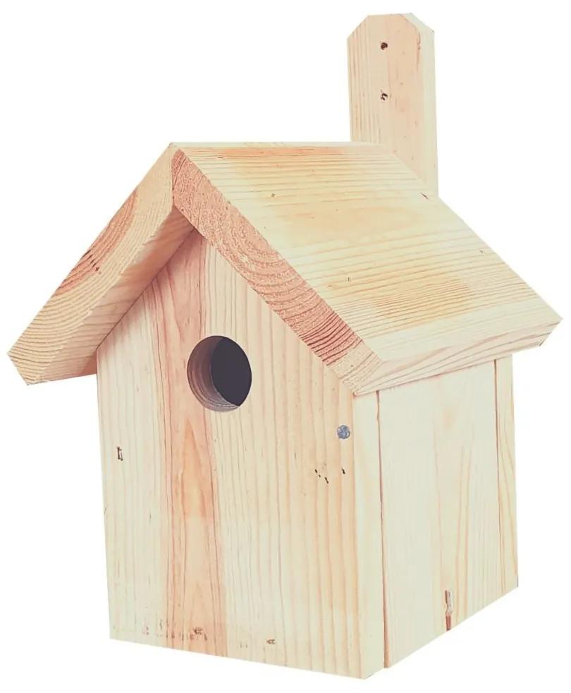 Dřevěná budka pro ptáčky na hnízdění s šikmou střechou
