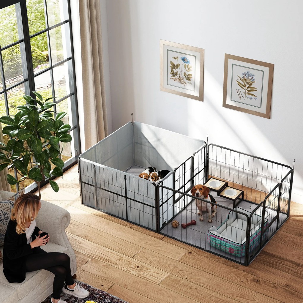 PawHut Pelíšek pro štěňata, ohrádka pro štěňata se 7 panely, 2 plochy, omyvatelná podložka pod stelivo, 203x102x60cm černá