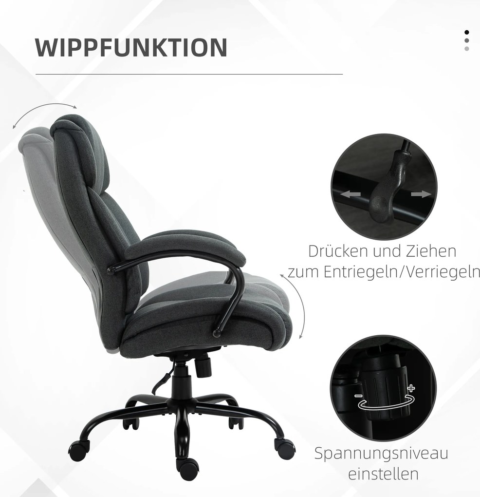 Vinsetto Kancelářská židle, ergonomická židle ke stolu, otočná židle s polstrovanými područkami, nosnost až 220 kg, šedá