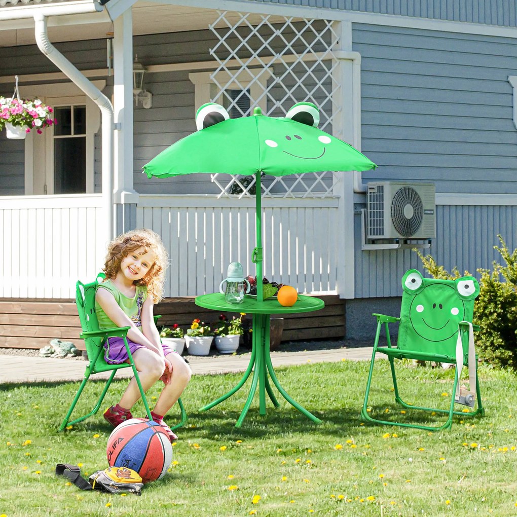 Zahradní set Outsunny pro děti – stůl a židle na piknik, skládací set pro děti se nastavitelným deštníkem 100-125 cm, design žabky, zelený
