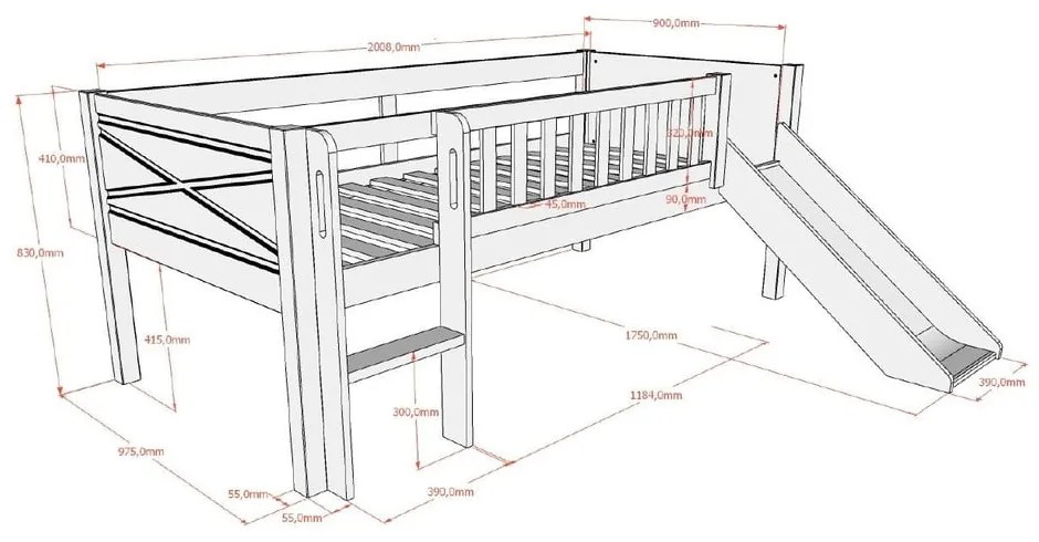 Bílá vyvýšená dětská postel z borovicového dřeva s roštem 90x200 cm Scott – Vipack