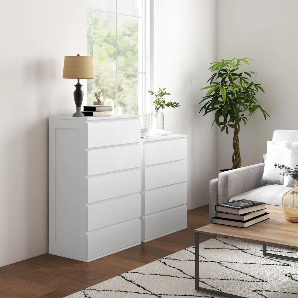 HOMCOM Komoda s 5 šuplíky - Moderní Stylový Úložný Prvek s Hladkým Uzavíracím Mechanismem pro Ložnici, Obývací Pokoj - 60 x 38 x 100 cm, Bílá
