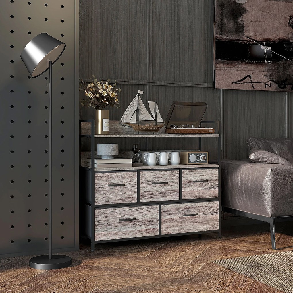 HOMCOM Komoda se 5 textilními zásuvkami, úložná skříň, prádelník se 2 policemi, ocelová konstrukce, industriální design pro obývací pokoj, ložnici - …