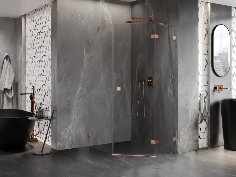 Mexen Lunar, pětiúhelníkový sprchový kout s pravým sklonem 90 x 100 cm, 8mm čiré sklo, profil měděná matná, 831-090P-100L-65-00-P