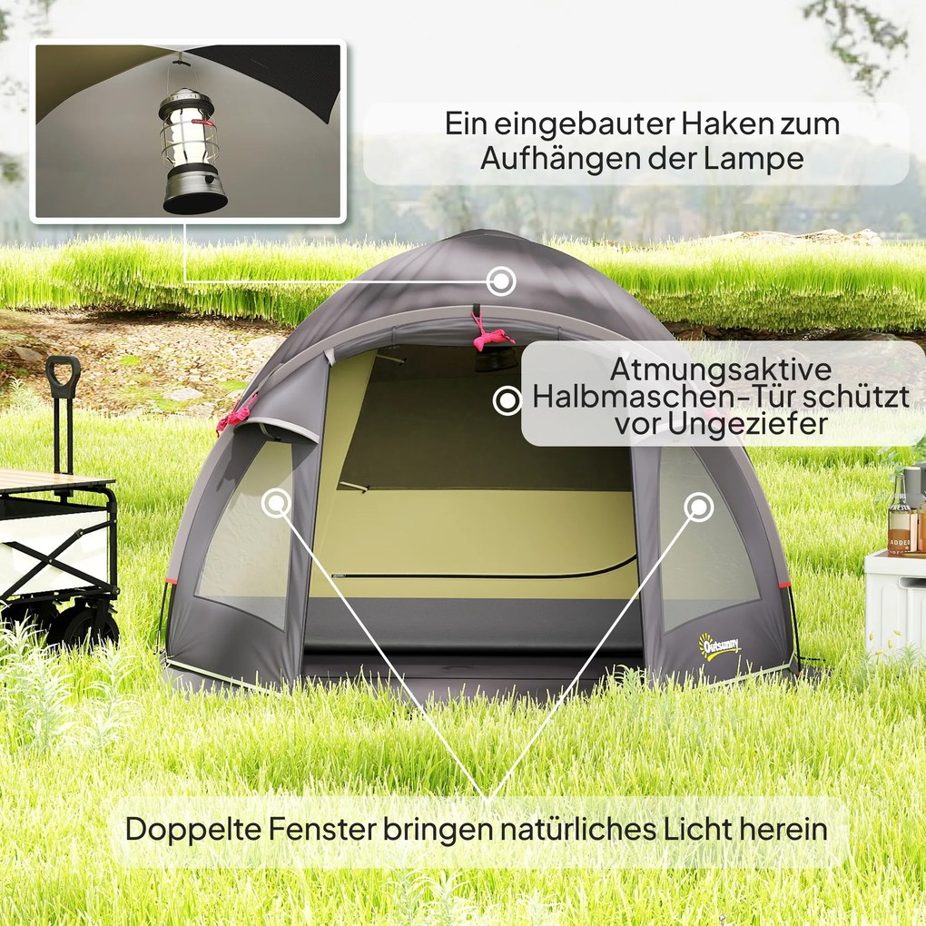 Outsunny Stan pro 4 Osoby, Lehký, Stabilní, Voděodolný UV 50+ Tunelový Stan s Markýzou, Bočními Dveřmi a Okny, Rodinný Stan s Podlážkou a Vodním Slou…