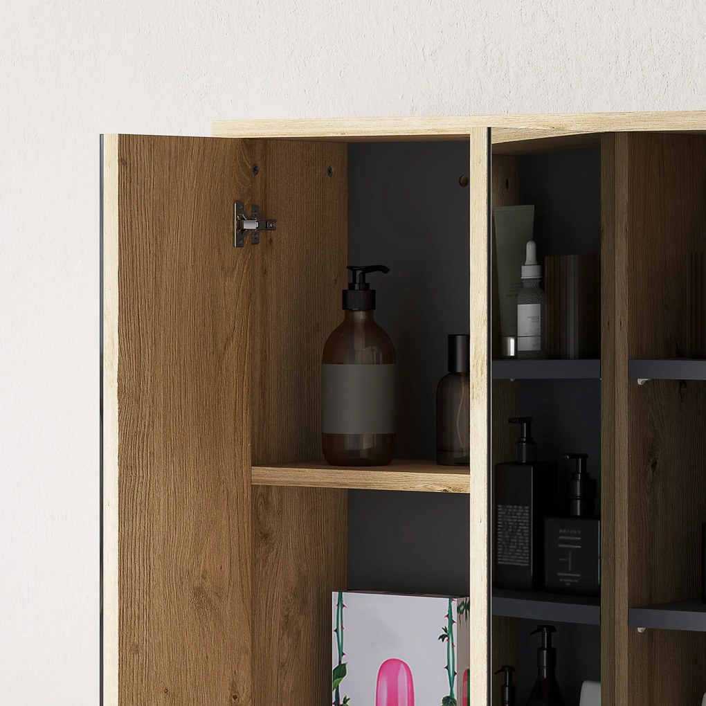 HOMCOM Koupelnová skříňka s zrcadlem - Nástěnná koupelnová skříňka se zrcadlem a policemi, moderní styl 60x20x60 cm, přírodní dřevo
