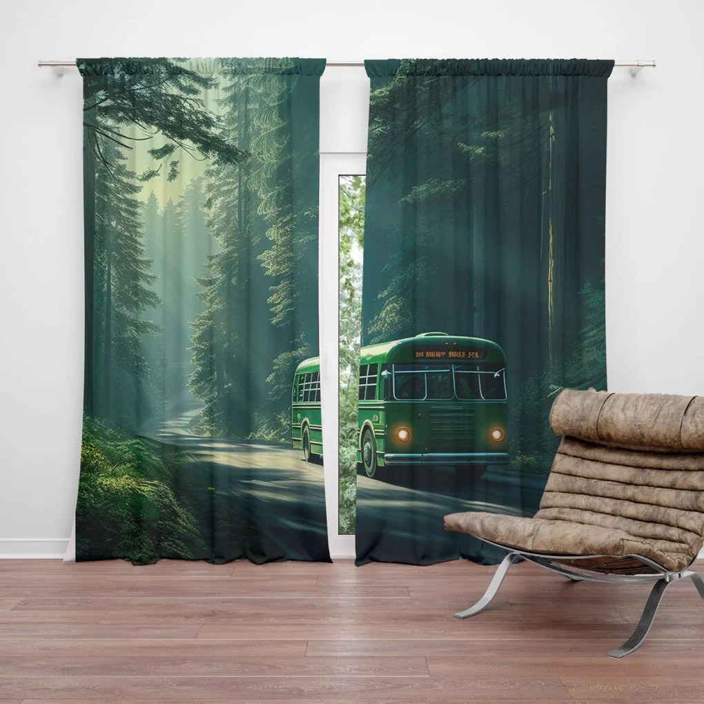 Sablio Závěs Zelený autobus v lese: 2ks 140x250cm