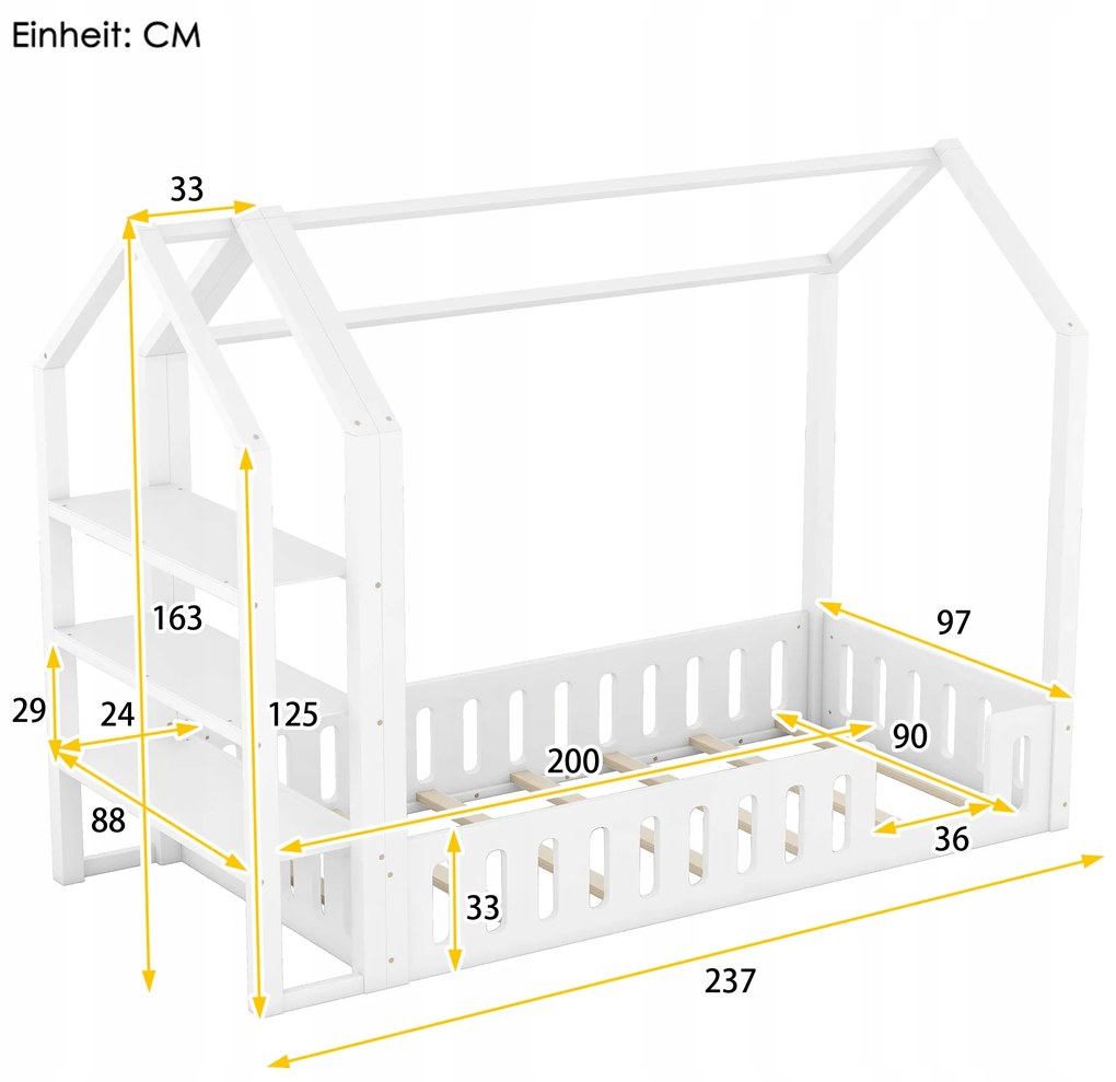 Arhatreya Dětská postel o rozměrech 90 x 200 cm, domácí postel se 3 policemi, bílá