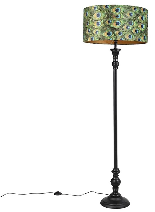 Stojací lampa černá s sametovým stínítkem Peacock Gold 50 cm - Classico