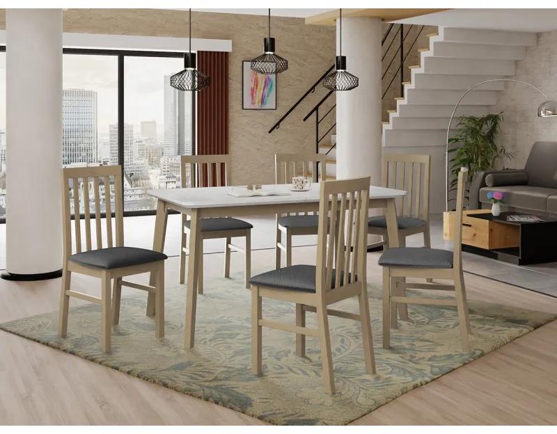 Rozkládací jídelní stůl se 6 židlemi AL16, Barva dřeva: bílá, Potah: 26x - Kronos 22, Barvy nožiček: černá