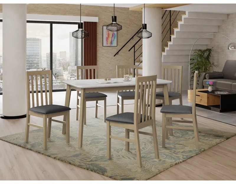 Rozkládací jídelní stůl se 6 židlemi AL16, Barva dřeva: bílá, Potah: Zetta 297, Barvy nožiček: Sonoma