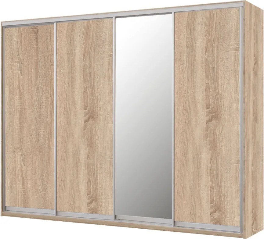 Skříň 4D 2500x2400x600, 3 DTD + 1 zrcadlo, Světlý dub sonoma