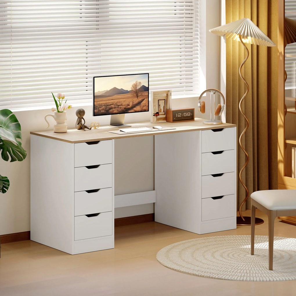 HOMCOM 140 cm počítačový stůl, 8 zásuvek, psací stůl pro domácí kancelář, ložnici, ocel, dřevo, přírodní