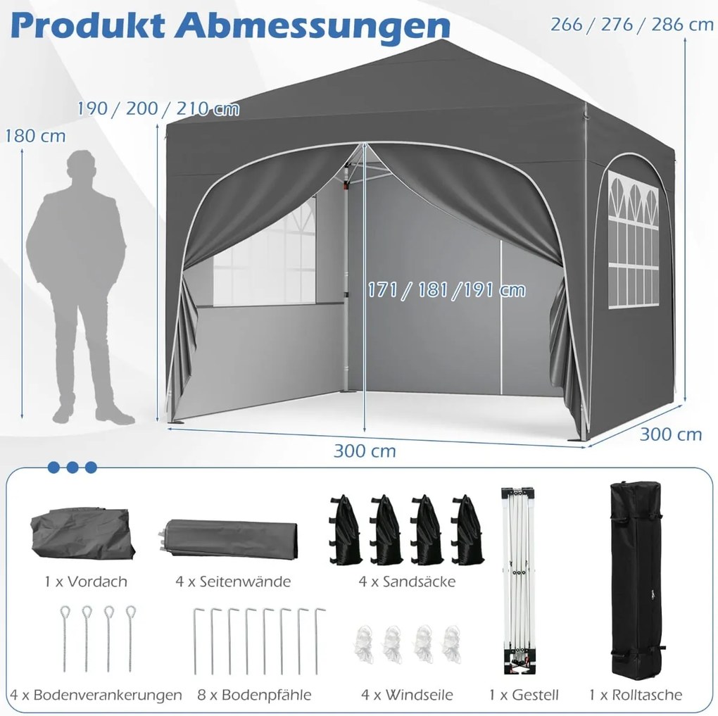Costway Pavilon s 4 odnímatelnými bočními stěnami zahradní stan vč. – 3 × 3 M