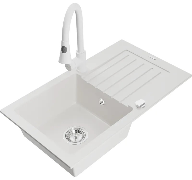 Mexen Pablo, 1-komorový granitový dřez 752x436x161 mm a dřezová baterie Elia, bílá, 6510-20-670101-20