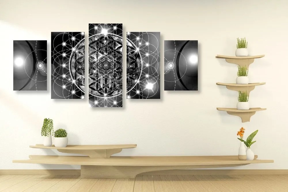 5-dílný obraz okouzlující Mandala v černobílém provedení - 200x100 cm