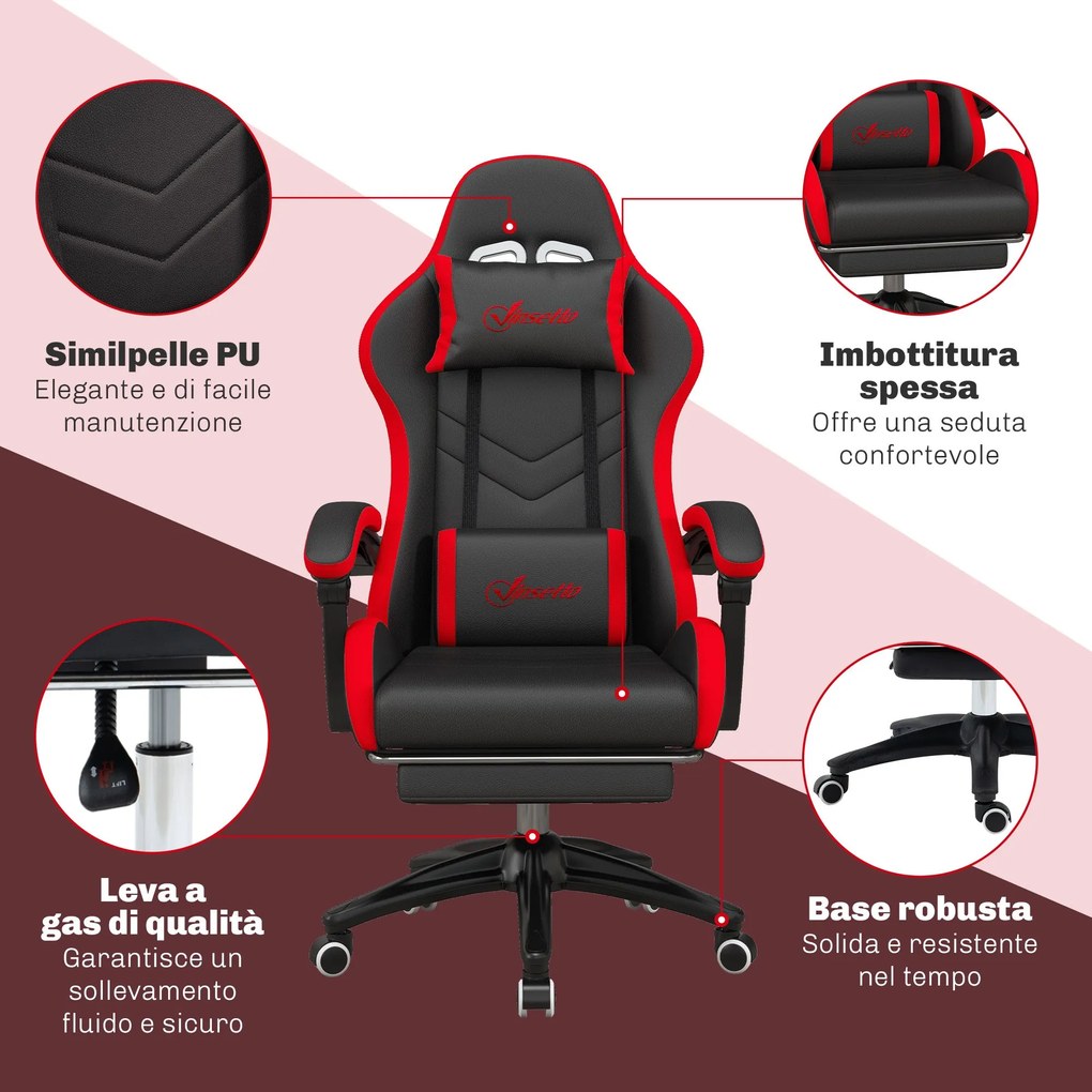 Ergonomická herní židle Vinsetto z PU kůže a oceli s opěrkou hlavy a nastavitelnou výškou, sklápěcí opěrkou a bederním polštářem, 65x65x121-129 cm, č…