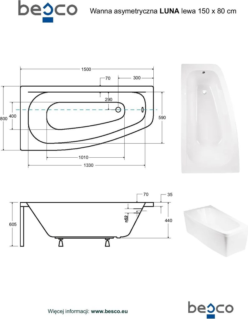 Besco LUNA vana 150 x 80 cm asymetrická levá vč. nožiček VANLUN150L+OLVPINOZ