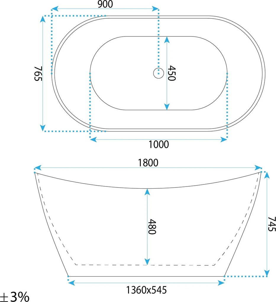 Rea FERRANO Slim, volně stojící vana 1800×800×745 mm, bílá, bílá krytka odtoku, REA-W0082