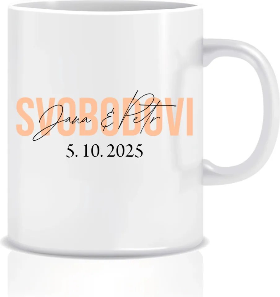 Personalizovaný klasický bílý keramický hrníček 300 ml se jmény novomanželů