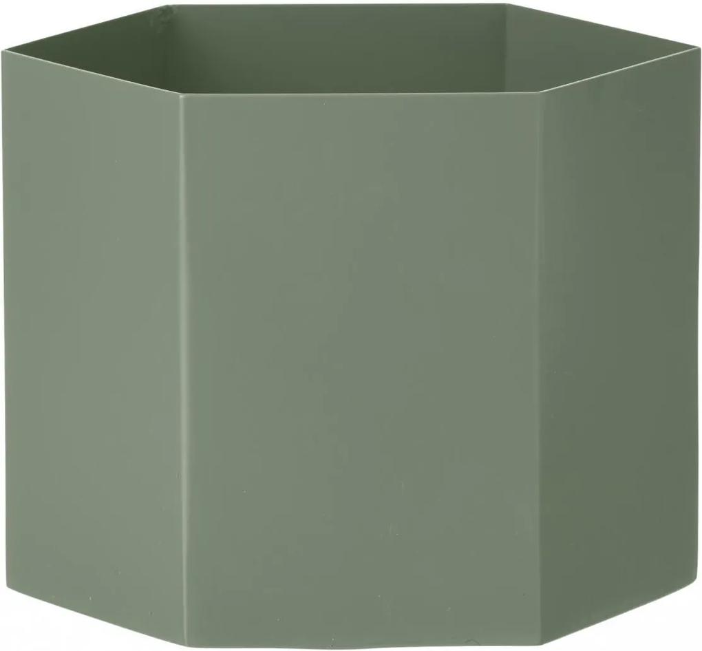 ferm LIVING Kovový květník Hexagon Dusty Green XL, zelená barva, kov