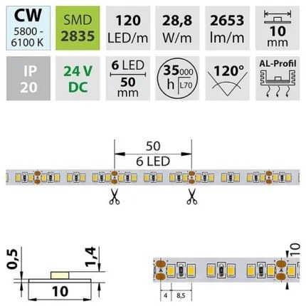 LED pásek McLED 24V studená bílá š=10mm IP20 28,8W/m 120LED/m SMD2835 ML-126.705.60.0