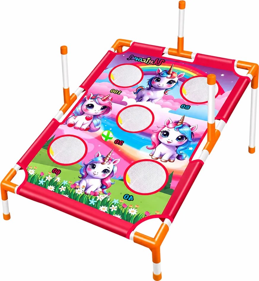 LEAN Toys Obratnostní hra „Hod na terč“ 4 v 1 – terč, deska, jednorožci, obruče, frisbee