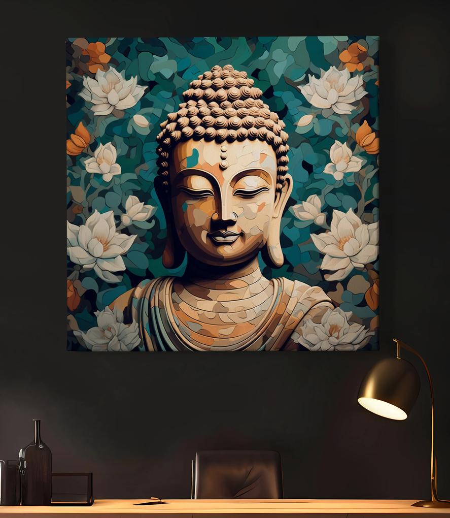 Obraz na plátně - Buddhova hlava a pozadí s květy FeelHappy.cz Velikost obrazu: 100 x 100 cm