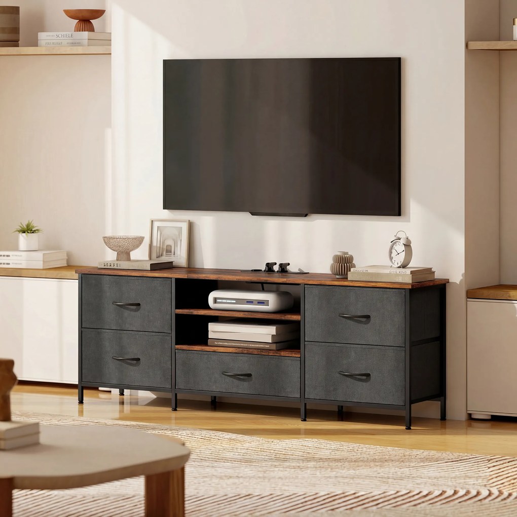 HOMCOM TV nábytek 140 cm, TV stolek 165,1 cm, dokovací stanice, 5 látkových zásuvek, otevřené police, 140x30x50 cm, rustikální hnědá