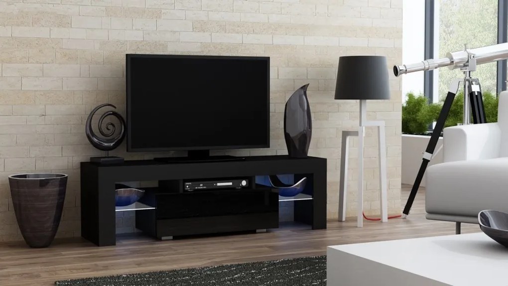 Mazzoni TV stolek MILA lesk 130 LED černá, černá zásuvka