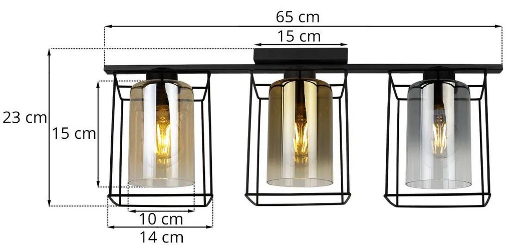 Stropní svítidlo Hella Cage, 3x skleněné stínítko (mix 3 barev) v kovovém rámu