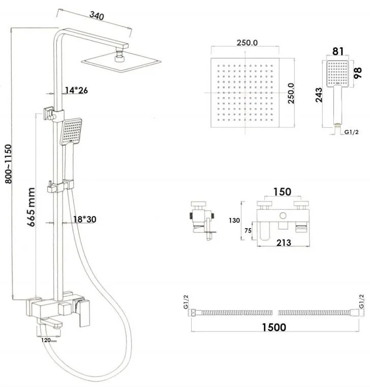Erga Cube, sprchová souprava s pákovou baterií, vanovou výlevkou a dešťovou hlavicí 25x25cm, černá matná, ERG-YKA-BP.CUBE-25-BLK