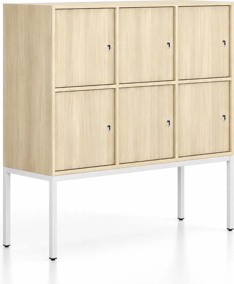 Kancelářská skříň FRAME, nízká, bílá podnož, 6x dveře, 1299 x 450 x 1331 mm, cylindrický zámek, dub přírodní