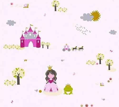 Dětské vliesové tapety na zeď Little Stars princezna a žabka na růžovém podkladu