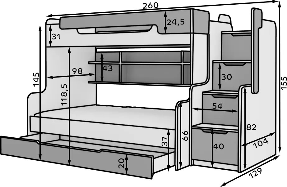 ADRK Furniture Patrová postel se schody a matracemi HARELL