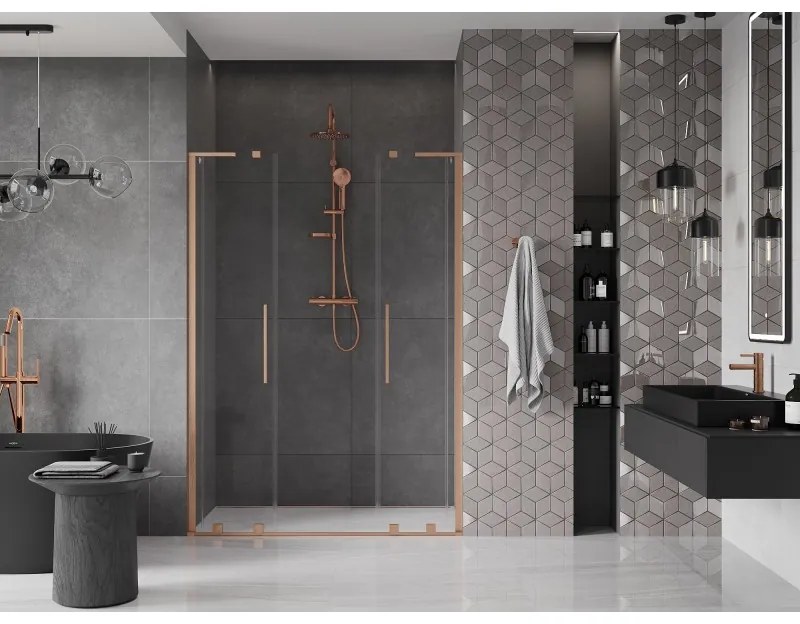 Mexen Velar L Duo, posuvné sprchové dveře do otvoru 140 cm, 8mm čiré sklo, měděná matná, 871-140-003-02-65