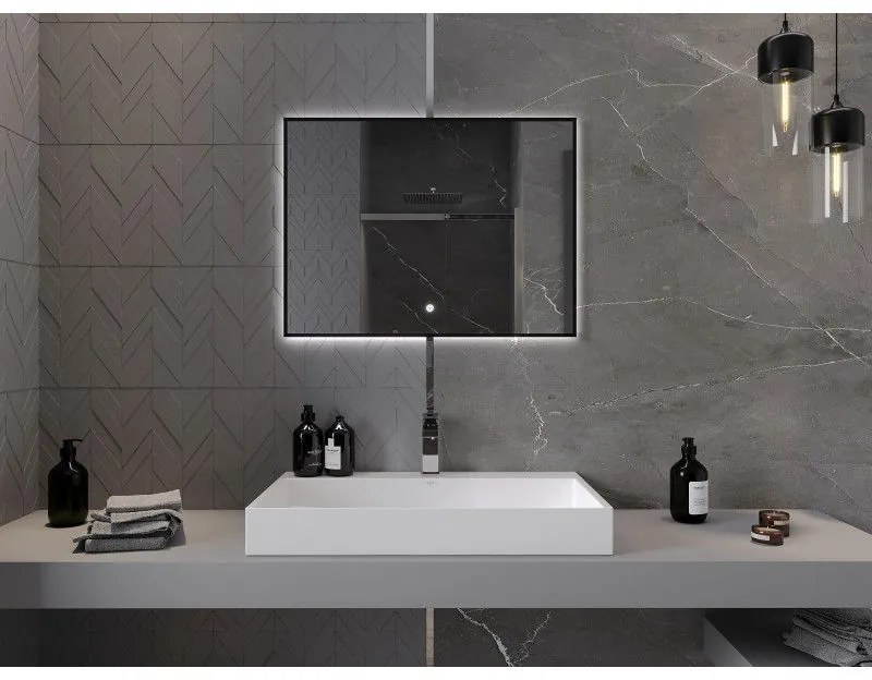 Mexen Erma, LED koupelnové zrcadlo s podsvícením a černým rámem 80x60 cm, 6000K, ochrana proti zamlžování, 9814-080-060-611-70