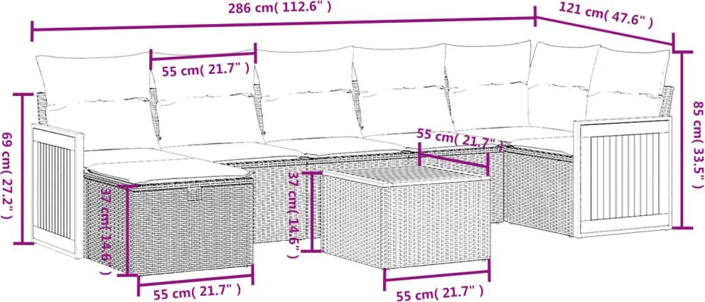 8dílná zahradní sedací souprava s poduškami šedá polyratan 3265757