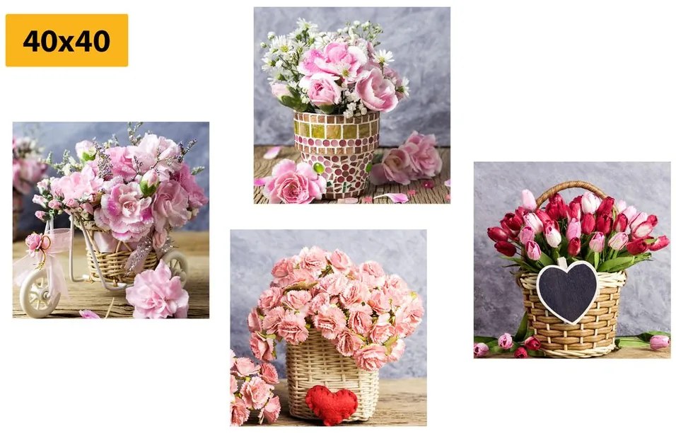 Set obrazů kytice květin ve vintage provedení