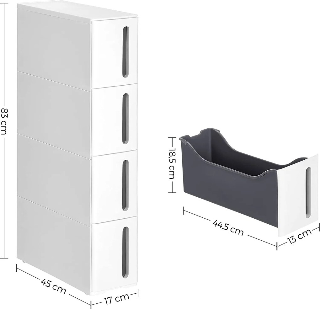 Úzký úložný vozík se 4 zásuvkami, plastový pojízdný zásuvkový box 45x17x83 cm, bílý-šedý