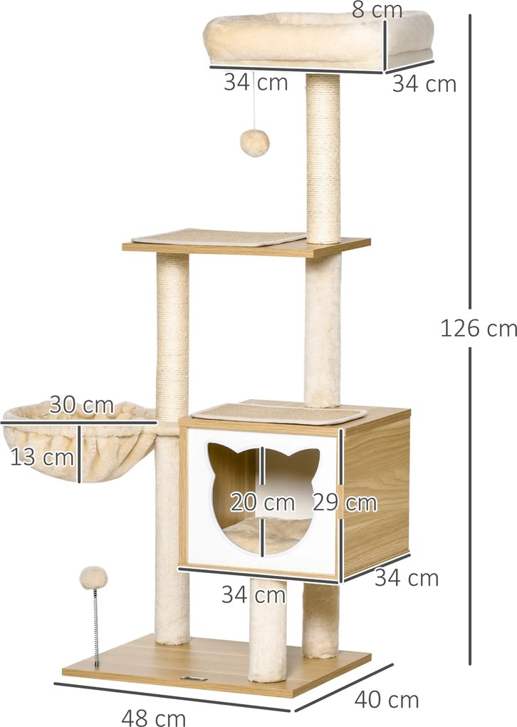PawHut Kočičí Škrabací Strom s Výškou Platfomy 126 cm - Lezecká Věž pro Kočky s Houpacím Sítem, Domkem, Postelí, Sisalovými Sloupy a Hračkami 48x40x1…