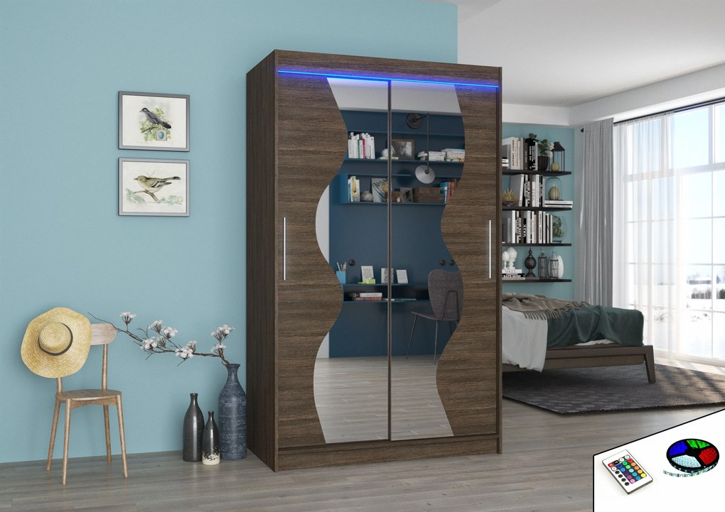 ADRK Furniture Posuvná skříň se zrcadlem a LED osvětlením OSWALD 120 SW-OSW-CH-120+L-V110