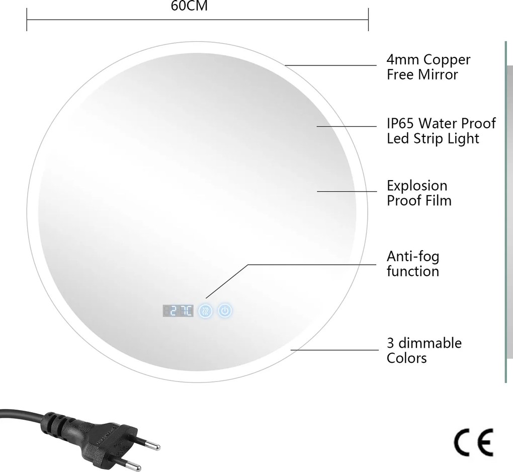 Erga Deam, kulaté LED zrcadlo 60cm, 3 barvy světla, přední osvětlení, vyhřívací podložka proti zapaření, ERG-V01-Deam-6060-CL